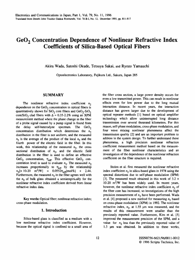 Nonlinear Refractive Index in Optical Fibers | PDF | Optical Fiber ...