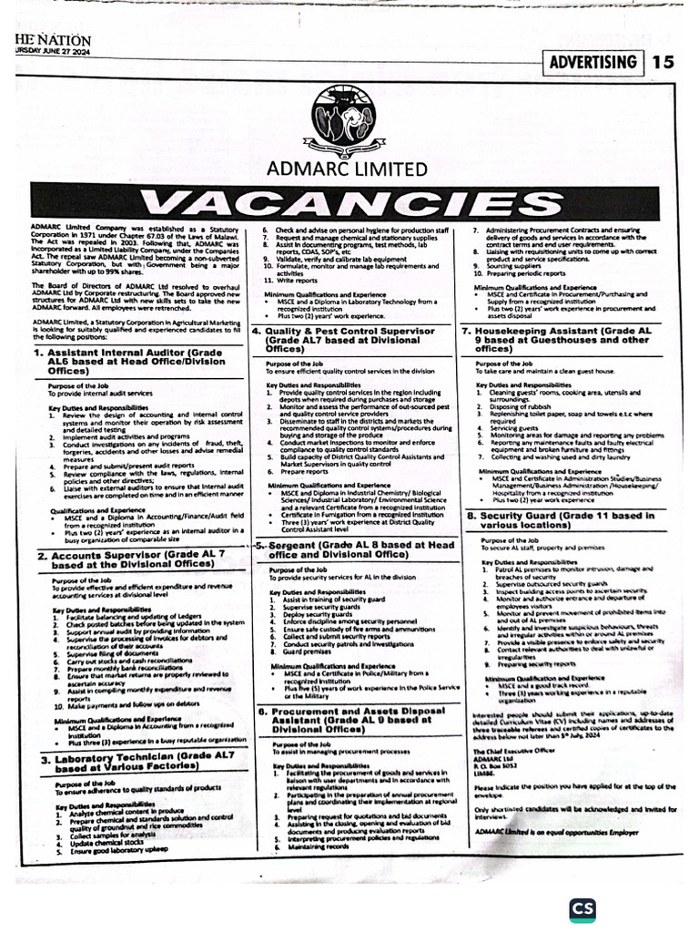 ADMARC Vacancies | PDF
