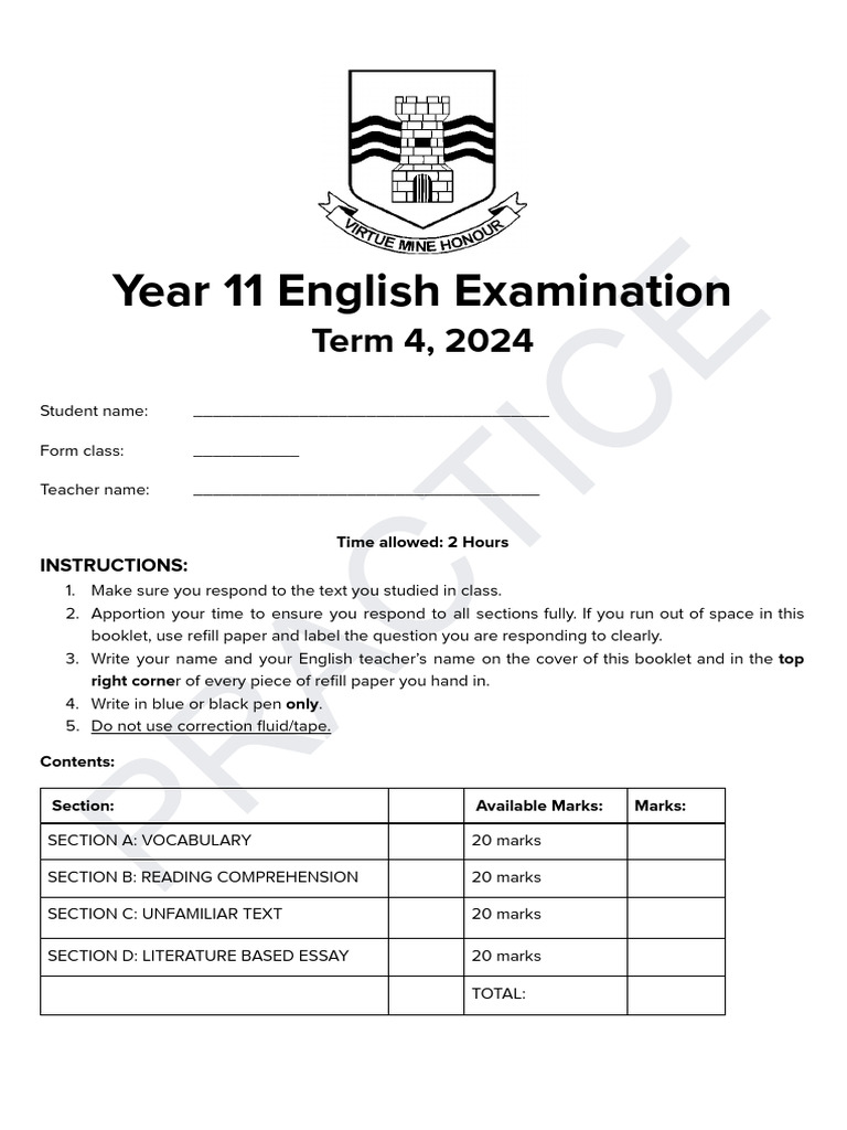 2024 Practise Yr 11 English Exam With Answers | PDF | Idea | Reading ...