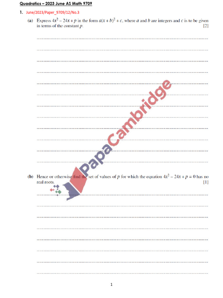 2023J Quandratics AS Math 9709 | PDF