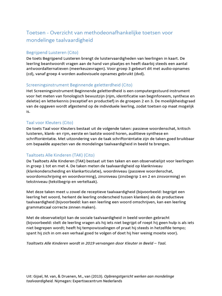Overzicht Methodeonafhankelijke Toetsen Voor Mondelinge Taalvaardigheid | PDF