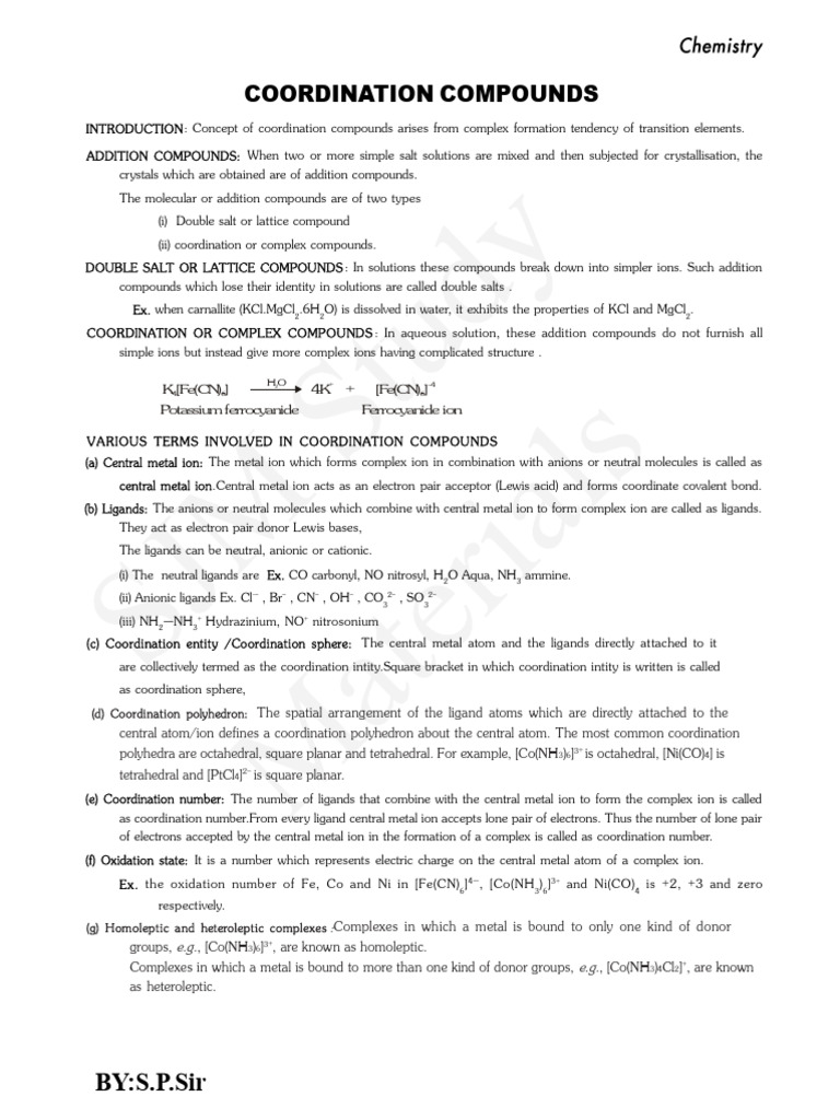Co-Ordination Compounds Isc Class 12th Notes | PDF | Coordination ...