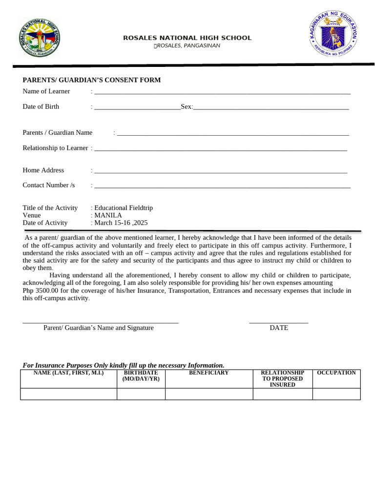 Fieldtrip Parent Consent 2025 | PDF