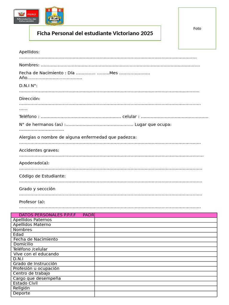 ficha de Datos personales del estudiante | PDF