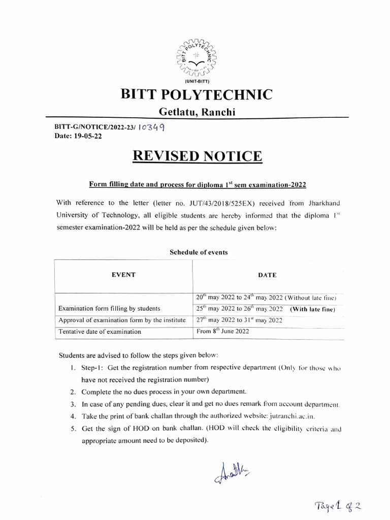 Form filling date and process for diploma 1st sem examination-2022 | PDF