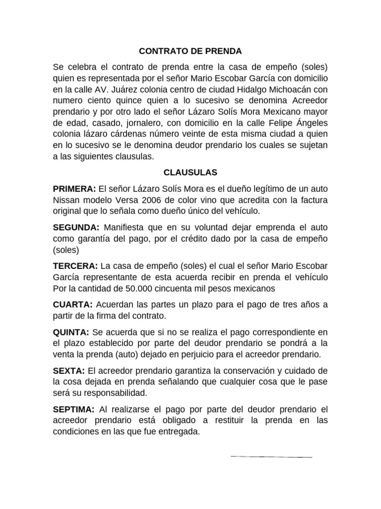 Contrato de Prenda: Auto como Garantía | PDF