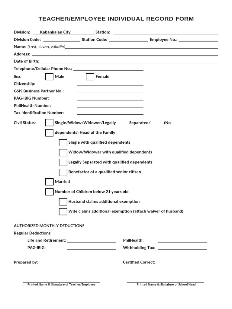 Teacher Employee Record Form Template | PDF