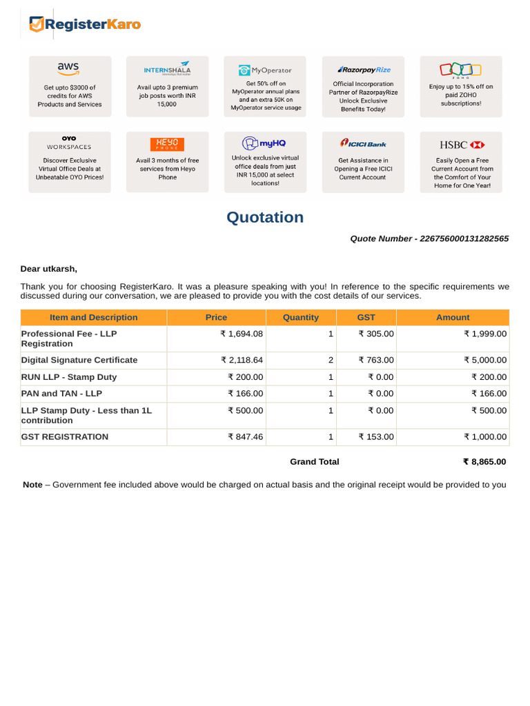 LLP Registration Quotation Details | PDF