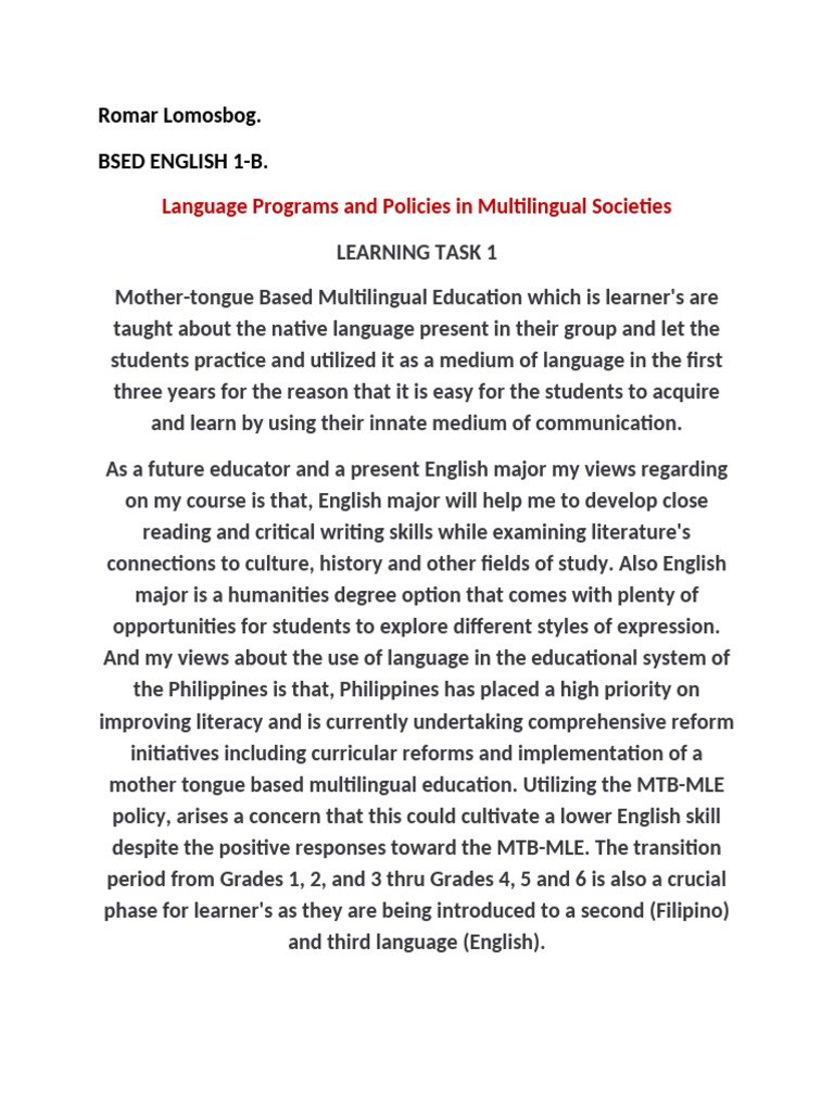 ELT 2 Learning Task 1 | PDF