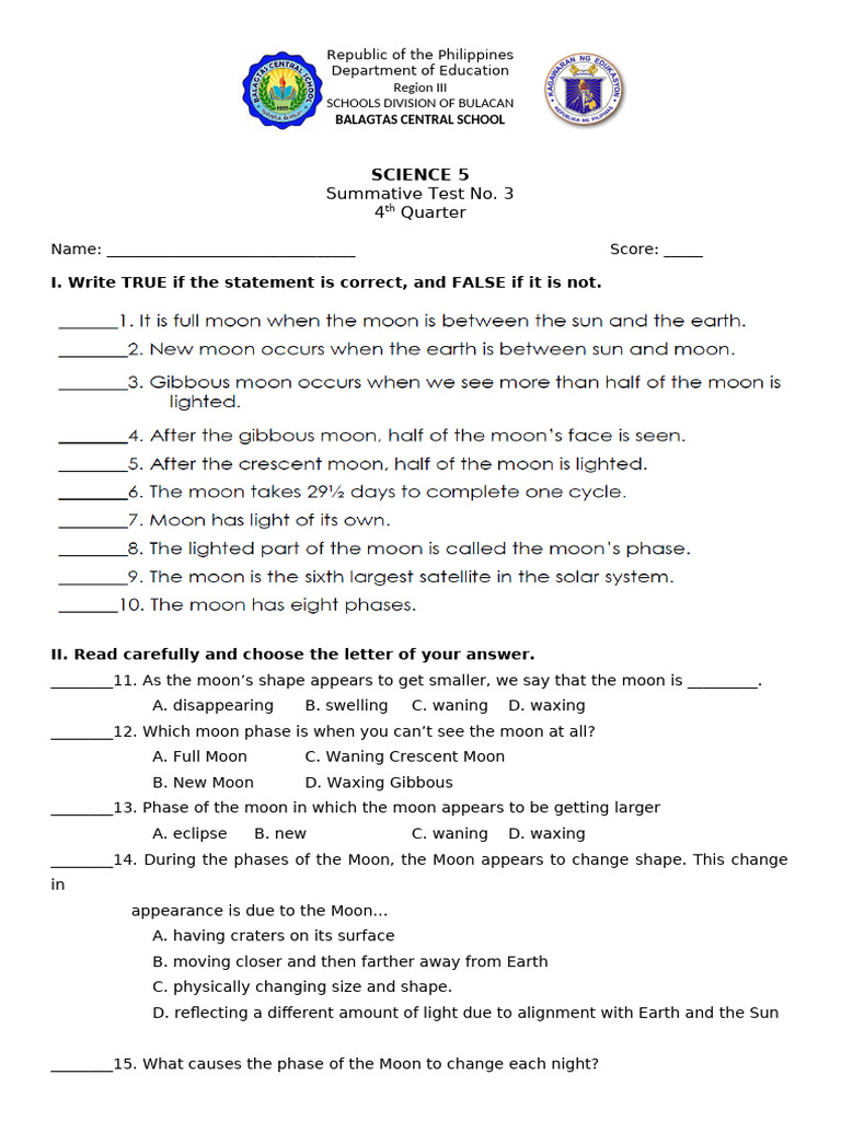 3RD - Summative-Test - Science - Q4 | PDF | Moon | Astronomy