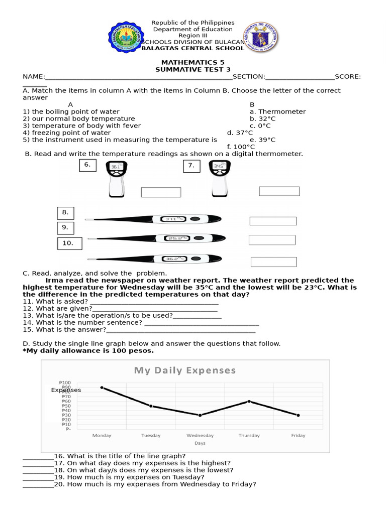 Q4 ST No.3 Mathematics 5 2025 | PDF | Temperature | Thermometer