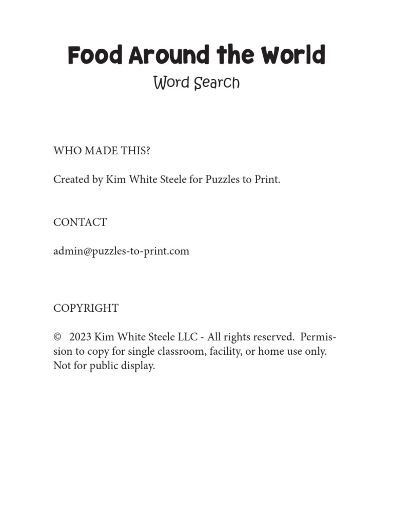 Food Around The World Word Search | PDF | Word Search | Word Puzzles
