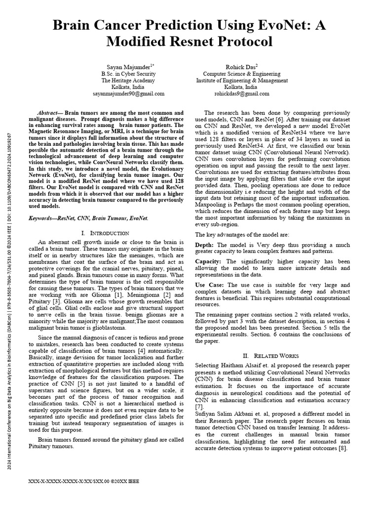Brain Cancer Prediction Using EvoNet A Modified Resnet Protocol | PDF ...