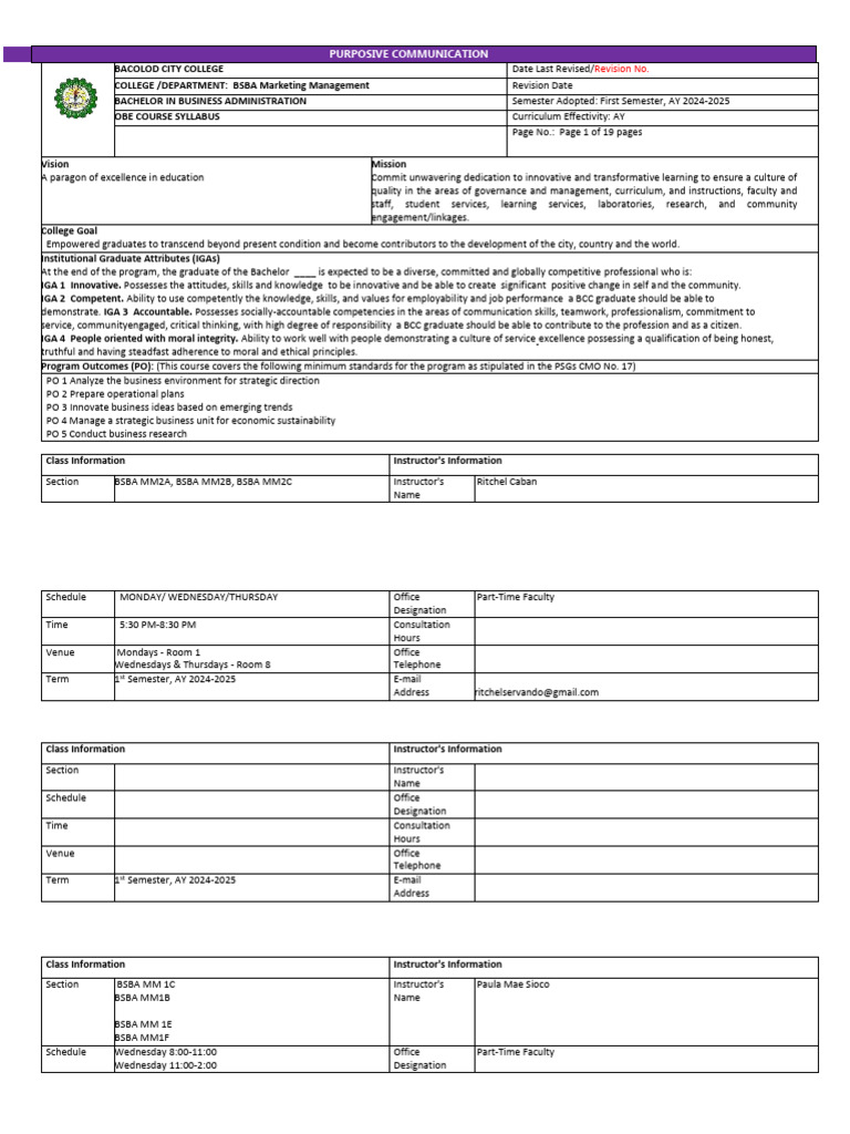 BCC BS MM OBE Syllabus PURCOM | PDF | Résumé | Communication