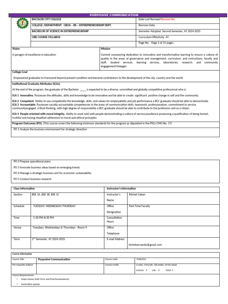 BCC BS MM OBE Syllabus PURCOM | PDF | Communication | Job Interview