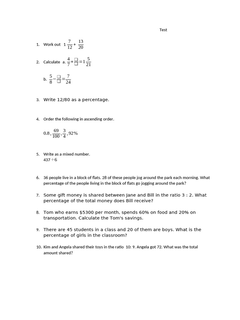 Fractions, decimals, percent, ratio and proportion-Test | PDF