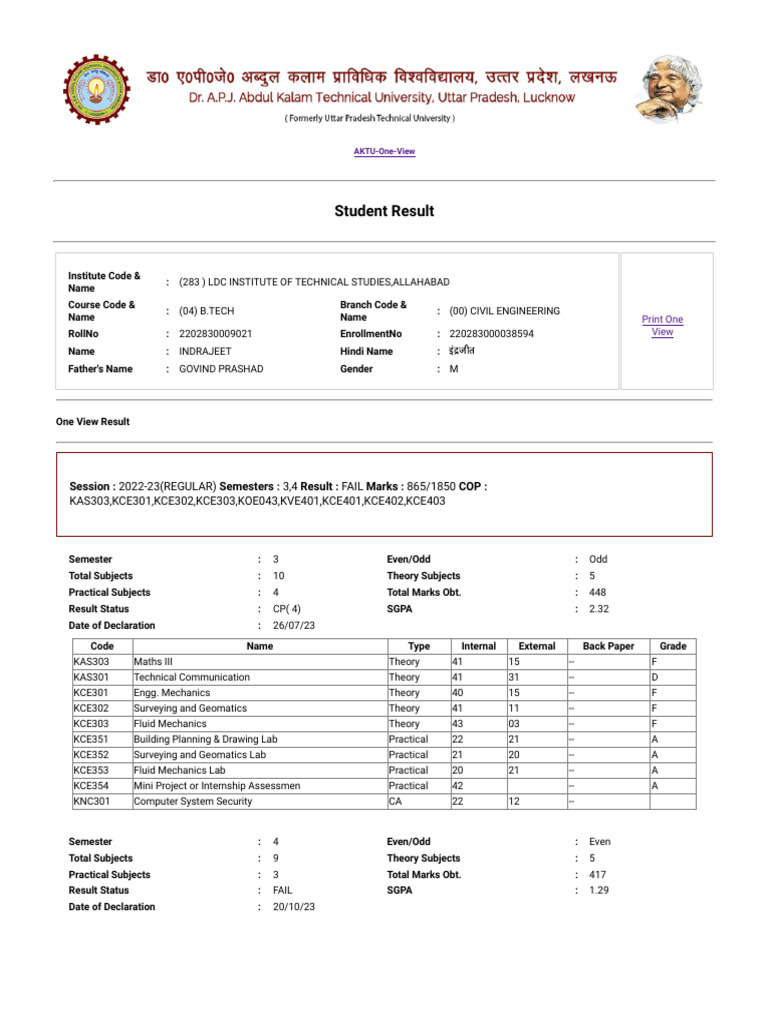 AKTU One View Student Results 2022-24 | PDF | Engineering