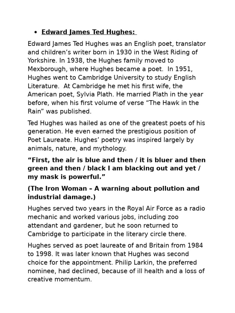 Introduction of Ted Hughes | PDF | Sylvia Plath | Poetry