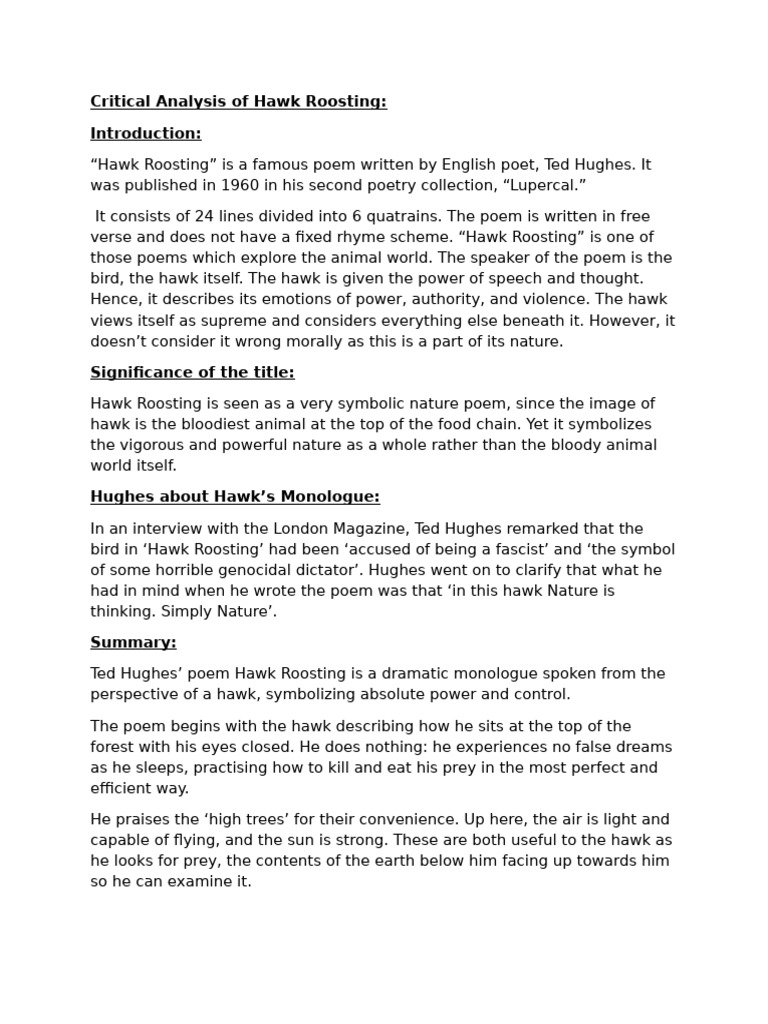 Hawk Roosting Critical Analysis | PDF | Poetry | Narcissism