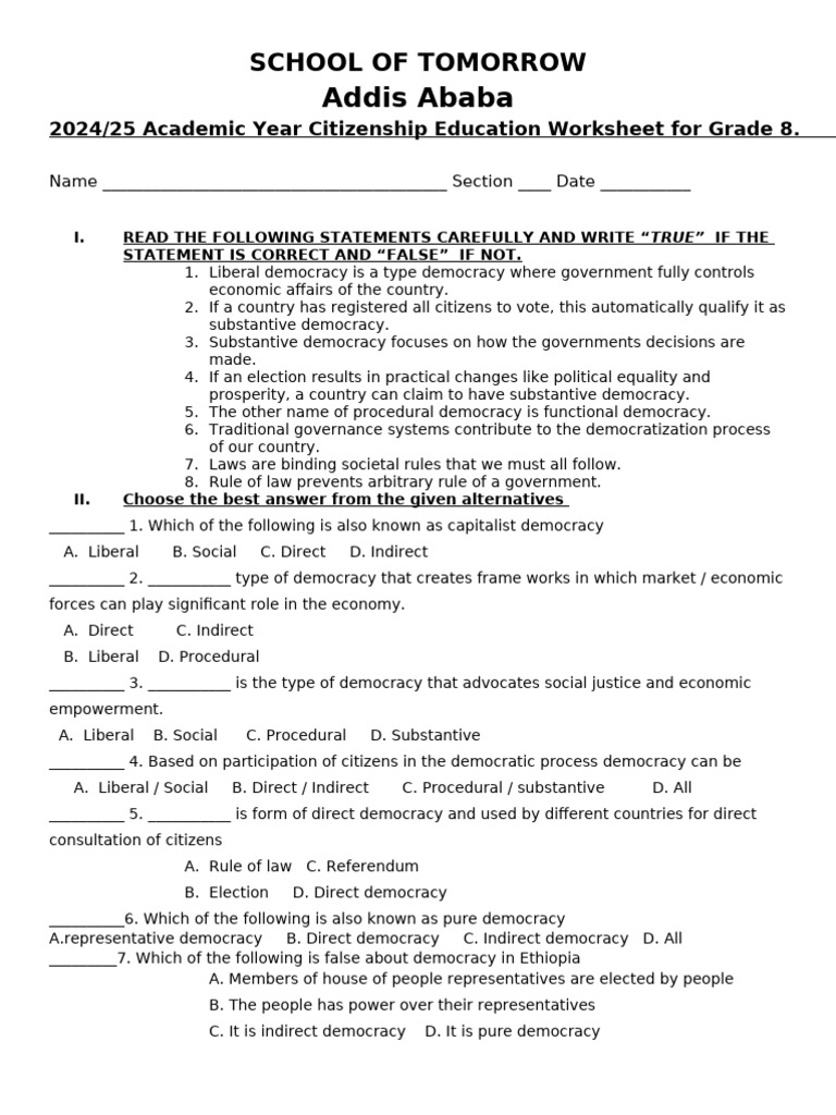 Grade 8 Citizenship Education Worksheet | PDF | Democracy | Political ...