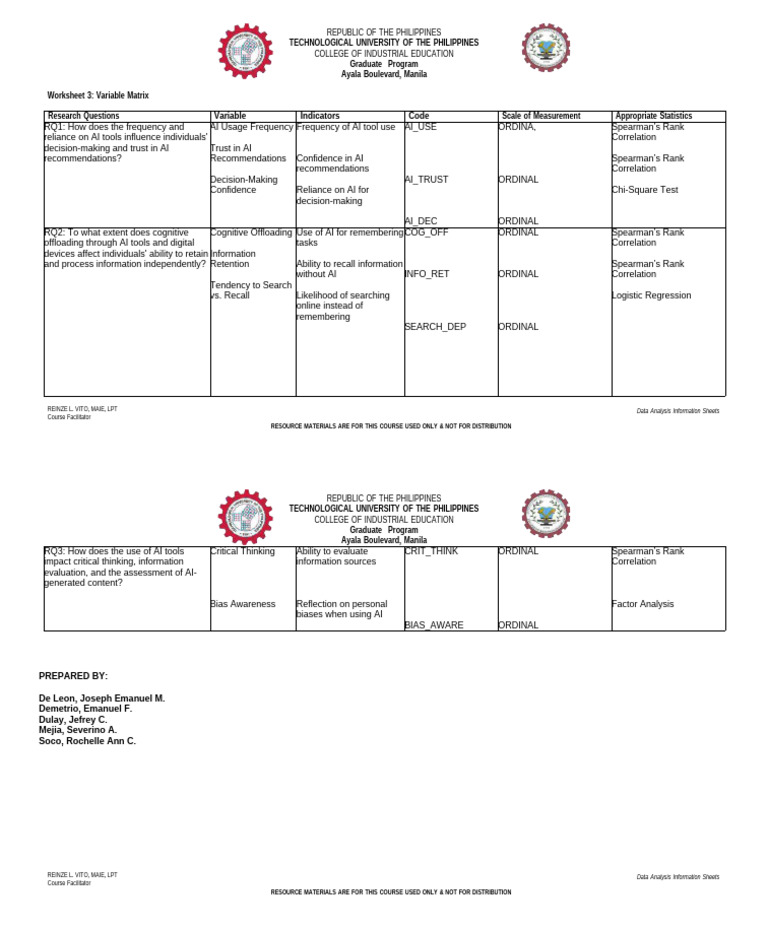 Worksheet 3 Variable Matrix | PDF | Data Analysis | Decision Making