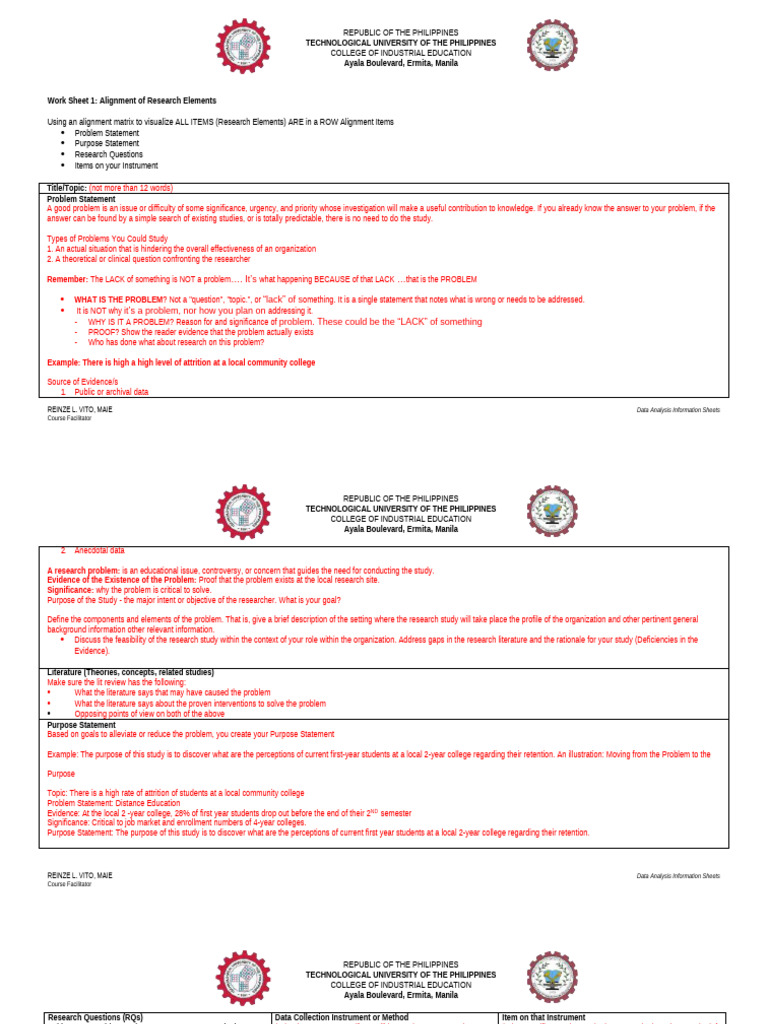 Work Sheet 1 Alignment of Research Elements | PDF | Evidence | Information