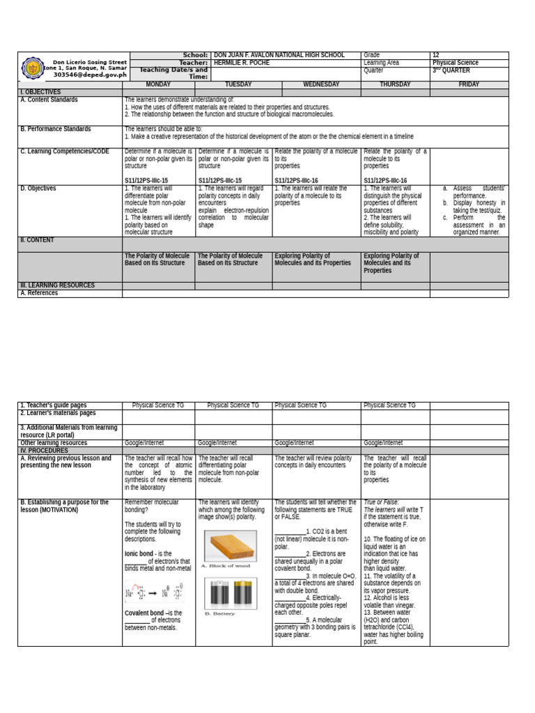 Physical Science DLP Q1W2 | PDF | Chemical Polarity | Chemical Bond