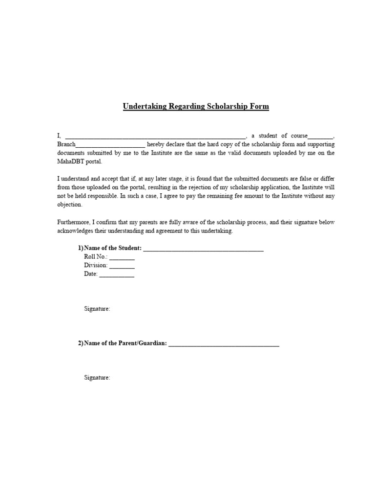 Undertaking Regarding Scholarship Form 24-25.MahaDBT | PDF
