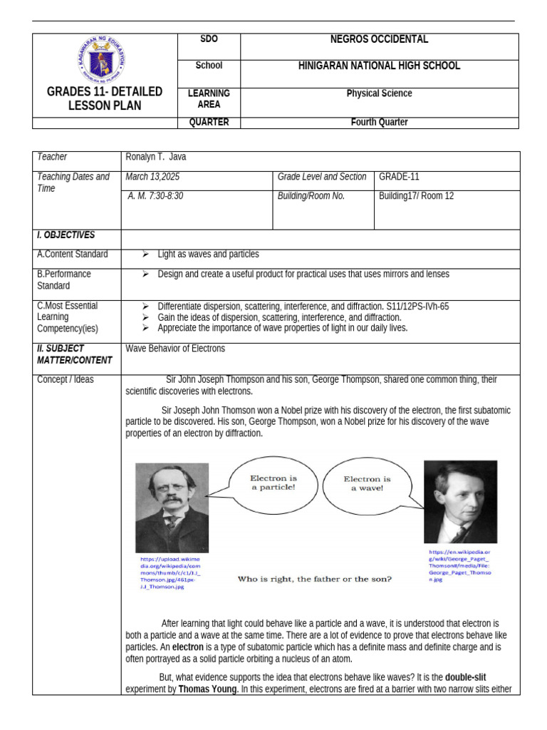 Detailed Lesson Plan in Physical Science For CO | PDF | Electron | Waves