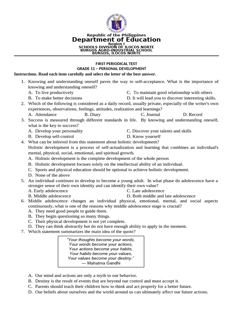 Grade 11 Personal Development Test | PDF | Mental Disorder | Adolescence