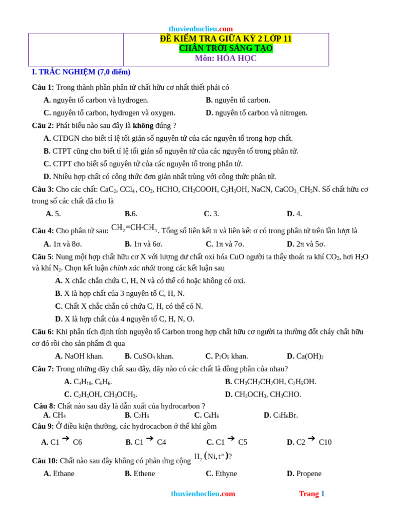 De Kiem Tra Giua HK2 Hoa 11 CTST | PDF