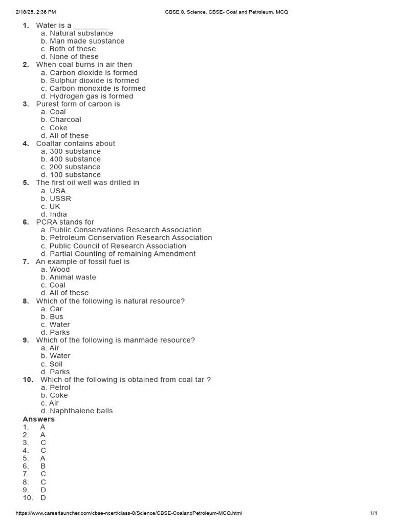CBSE 8, Science, CBSE - Coal and Petroleum, MCQ | PDF