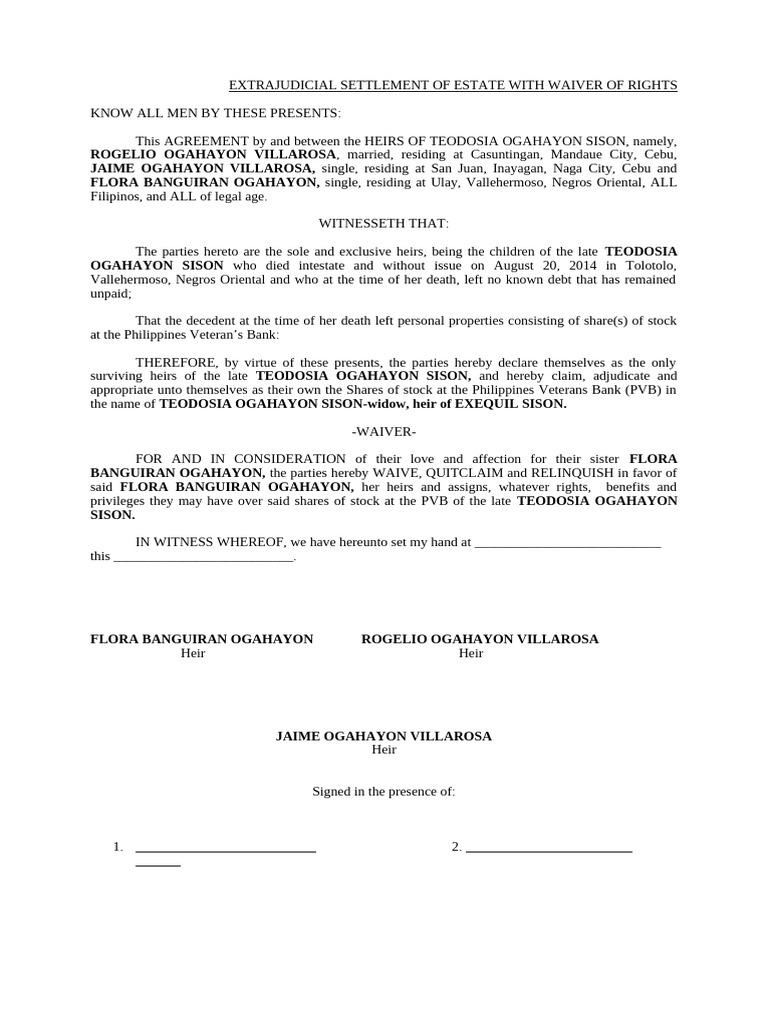 Extrajudicial Estate Settlement Agreement | PDF | Affidavit | Justice
