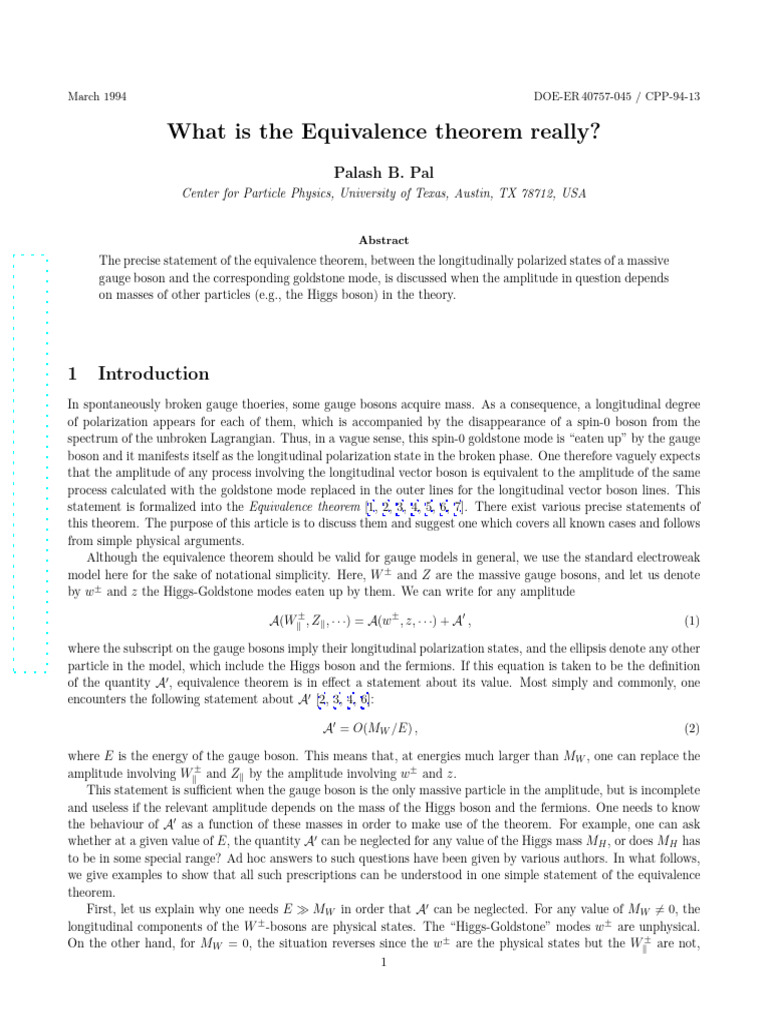 What Is The Equivalence Theorem Really? Palash B. Pal | PDF | Higgs ...