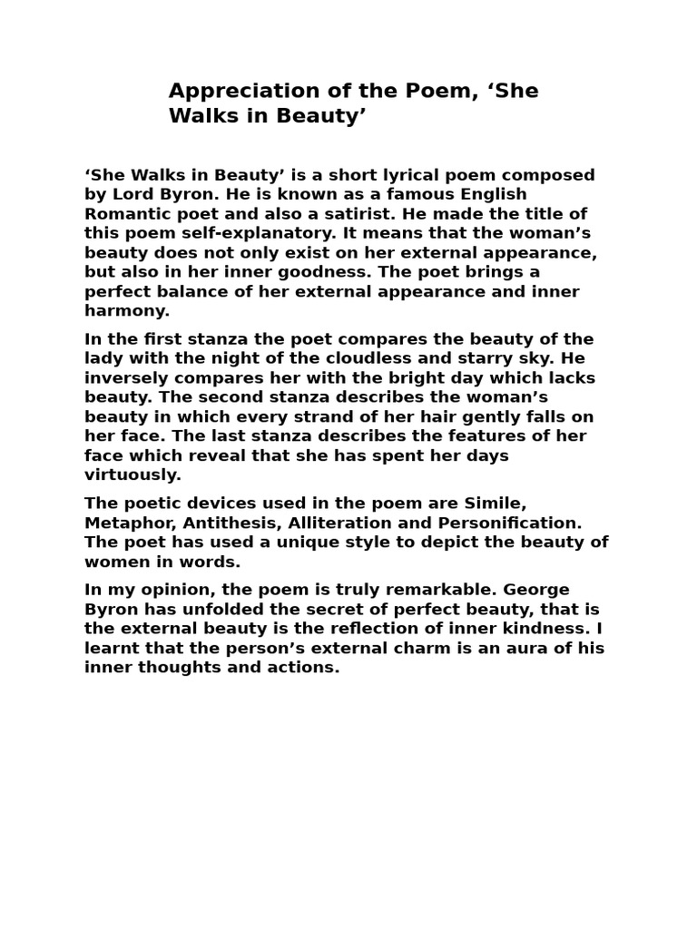 Critical Appreciation of The Poem, She Walks in Beauty | PDF