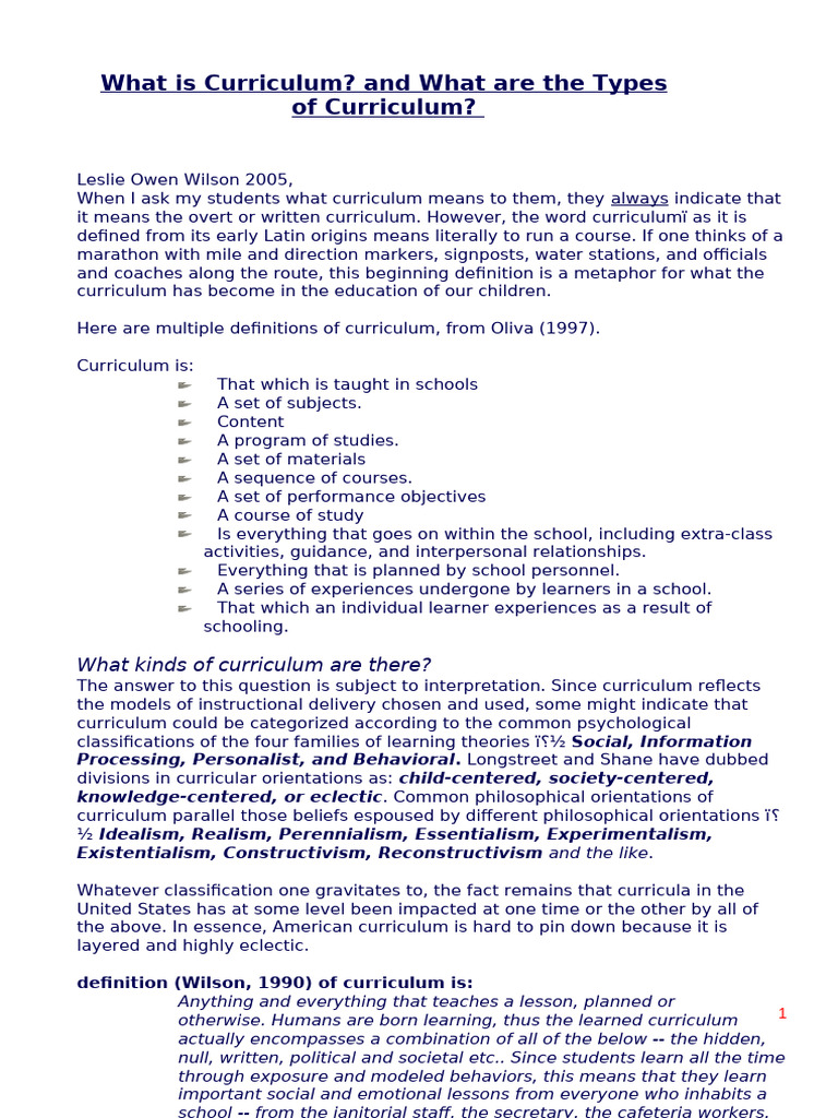 Types and Definitions of Curriculum | PDF | Curriculum | Education Theory