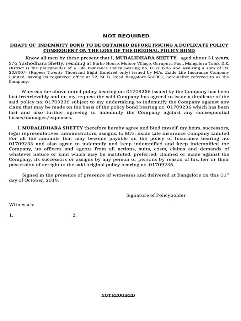 Indemnity Bond For Loss of P F Reg Card | PDF | Insurance | Indemnity