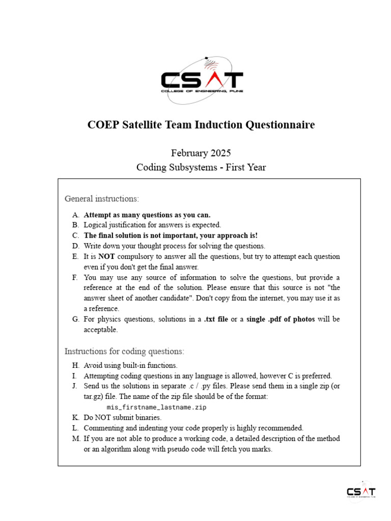 COEP Satellite Team Induction Quiz | PDF | String (Computer Science ...