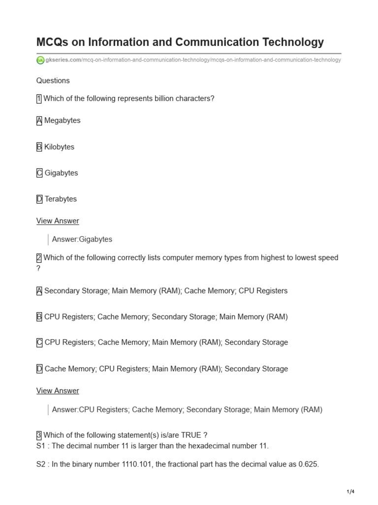 Mcq on Information and Communication Technology | PDF | Computer Data Storage | Random Access Memory
