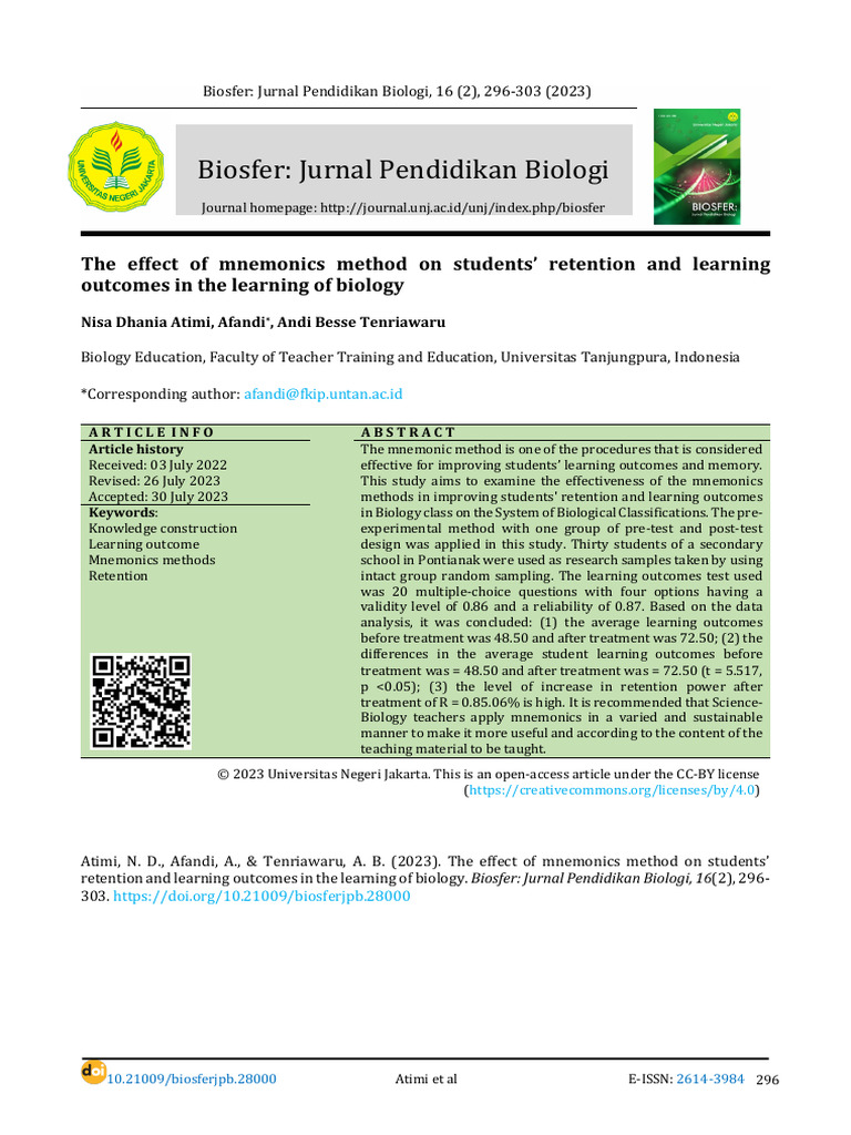The Effect of Mnemonics Method On Students Retent | PDF | Cognitive ...