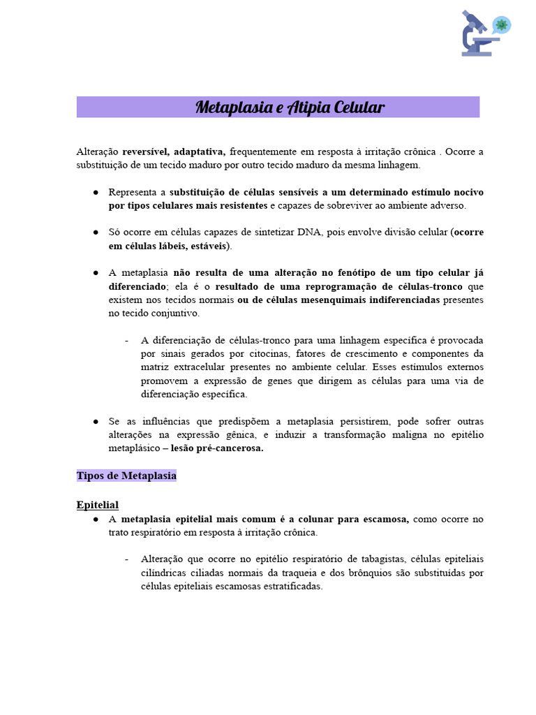 Metaplasia e Atipia Celular | PDF | Epitélio | Anatomia