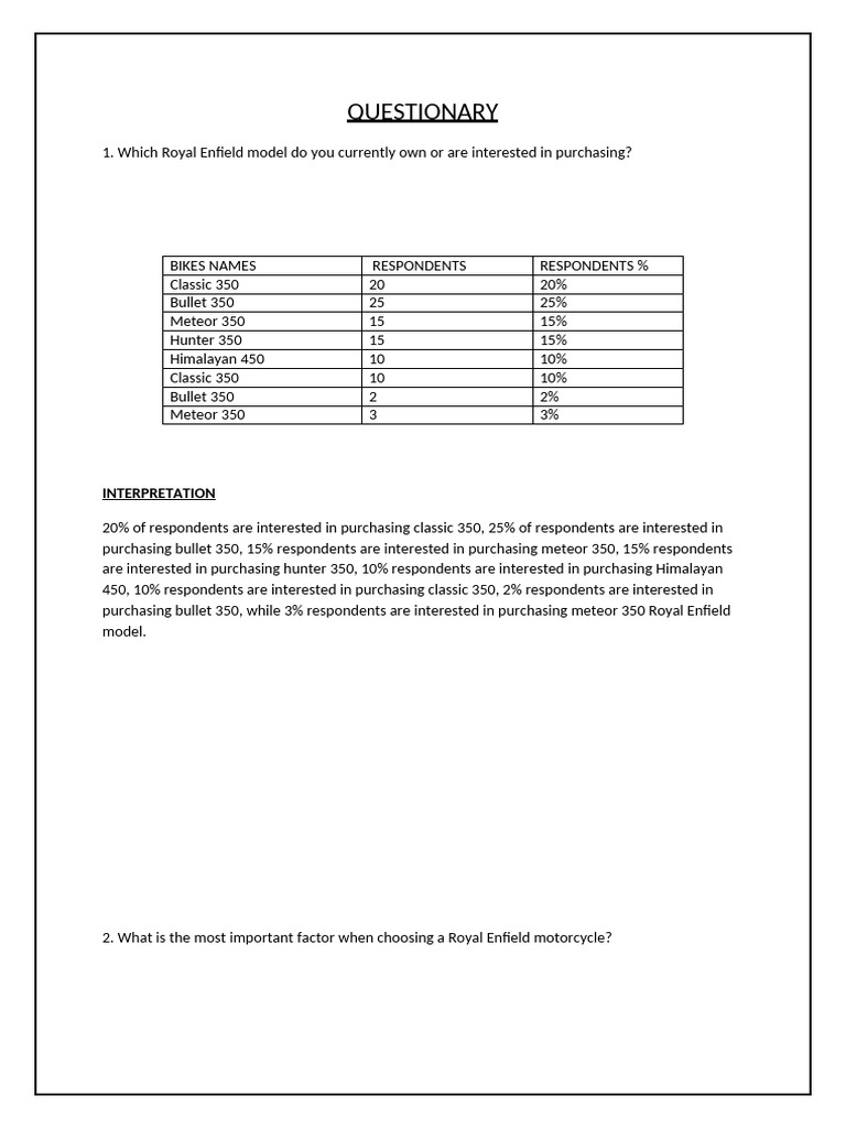 QUESTIONARY PRODUCT MIX (ROYAL ENEFILD )33 | PDF | Motor Vehicle | Vehicles