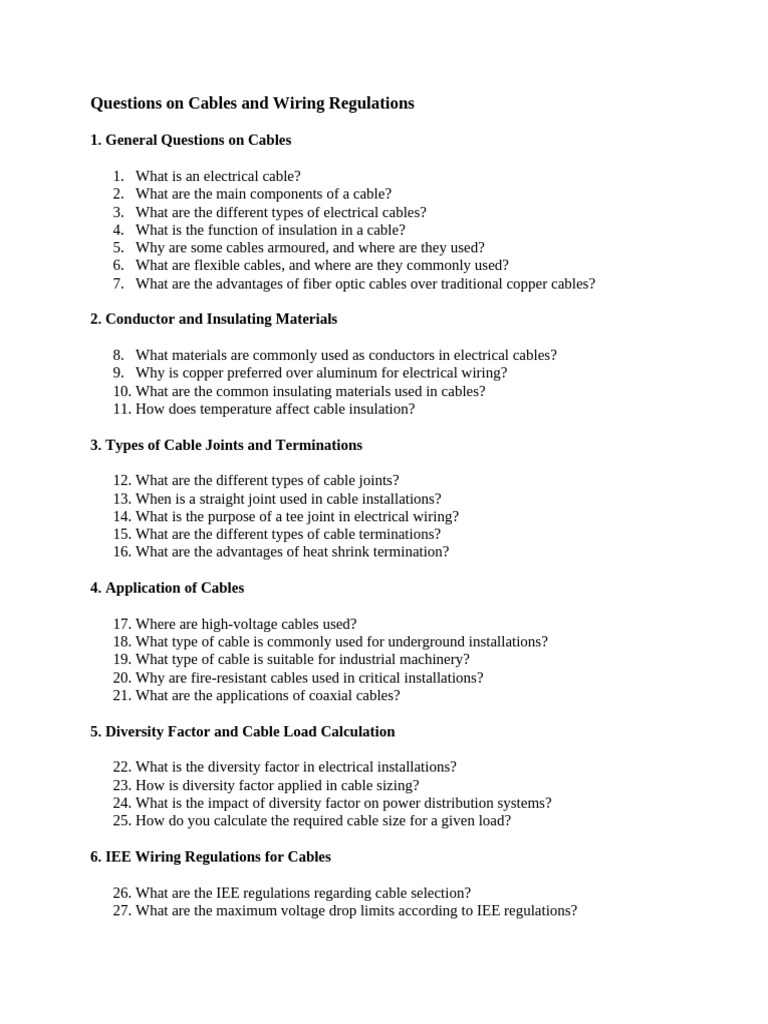 Questions On Cables and Wiring Regulations | PDF