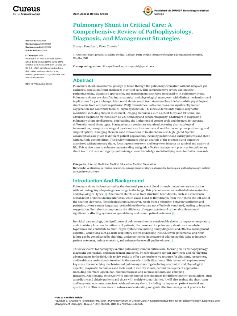 Pulmonary Shunt in Critical Care: A Comprehensive Review of ...