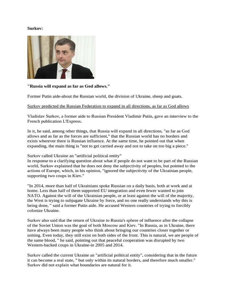 Surkov Russia Will Expand As Far As God Allows | PDF | Soviet Union ...