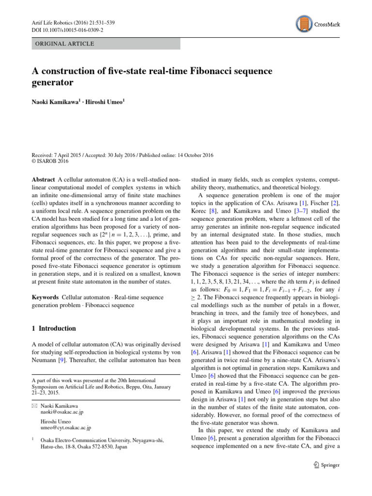 KAMIKAWA - UMEO - A Construction of Five State Real Time Fibonacci Sequence Generator | PDF ...