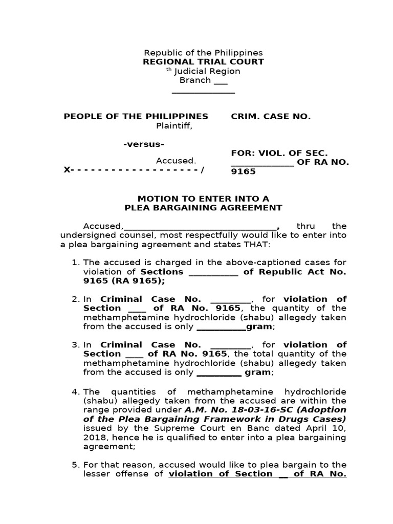 (Pro Forma) Motion To Enter Into Plea Bargaining Agreement For Viol of Sec 5 & 11 of Ra 9165 ...