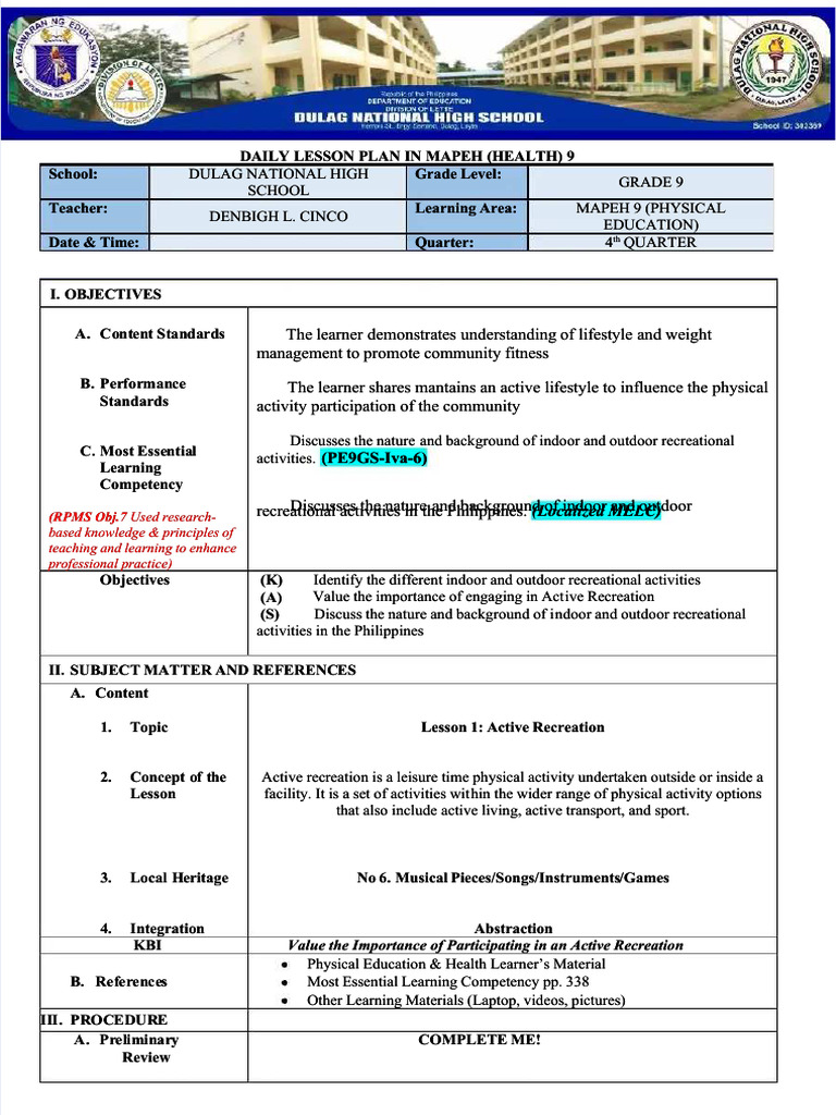 Grade 9 MAPEH Health Lesson Plan | PDF | Cognition | Learning