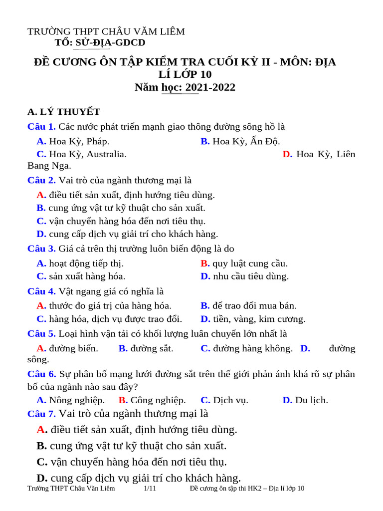 ĐE CUONG ON TAP KT CUOI HK2-ĐIA LÍ 10 2021-2022 | PDF