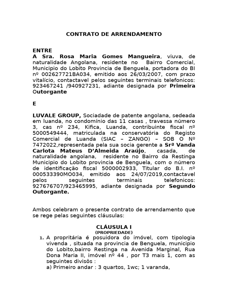 CONTRATO DE ARRENDAMENTO - Vivenda Restinga | PDF | Direito Privado | Direito Comum